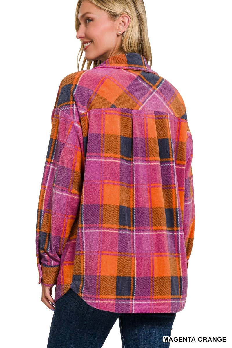 Orange & Pink Polar Fleece Plaid Shacket With Pocket