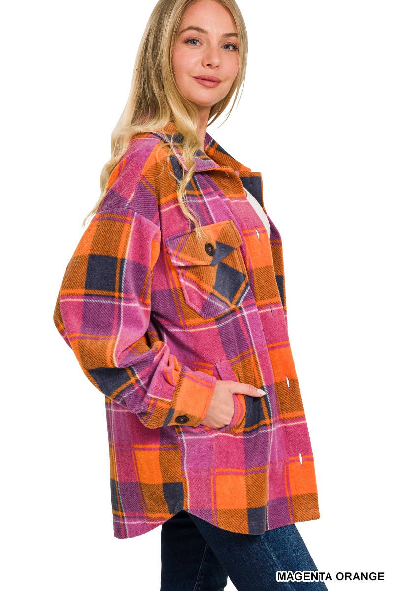 Orange & Pink Polar Fleece Plaid Shacket With Pocket